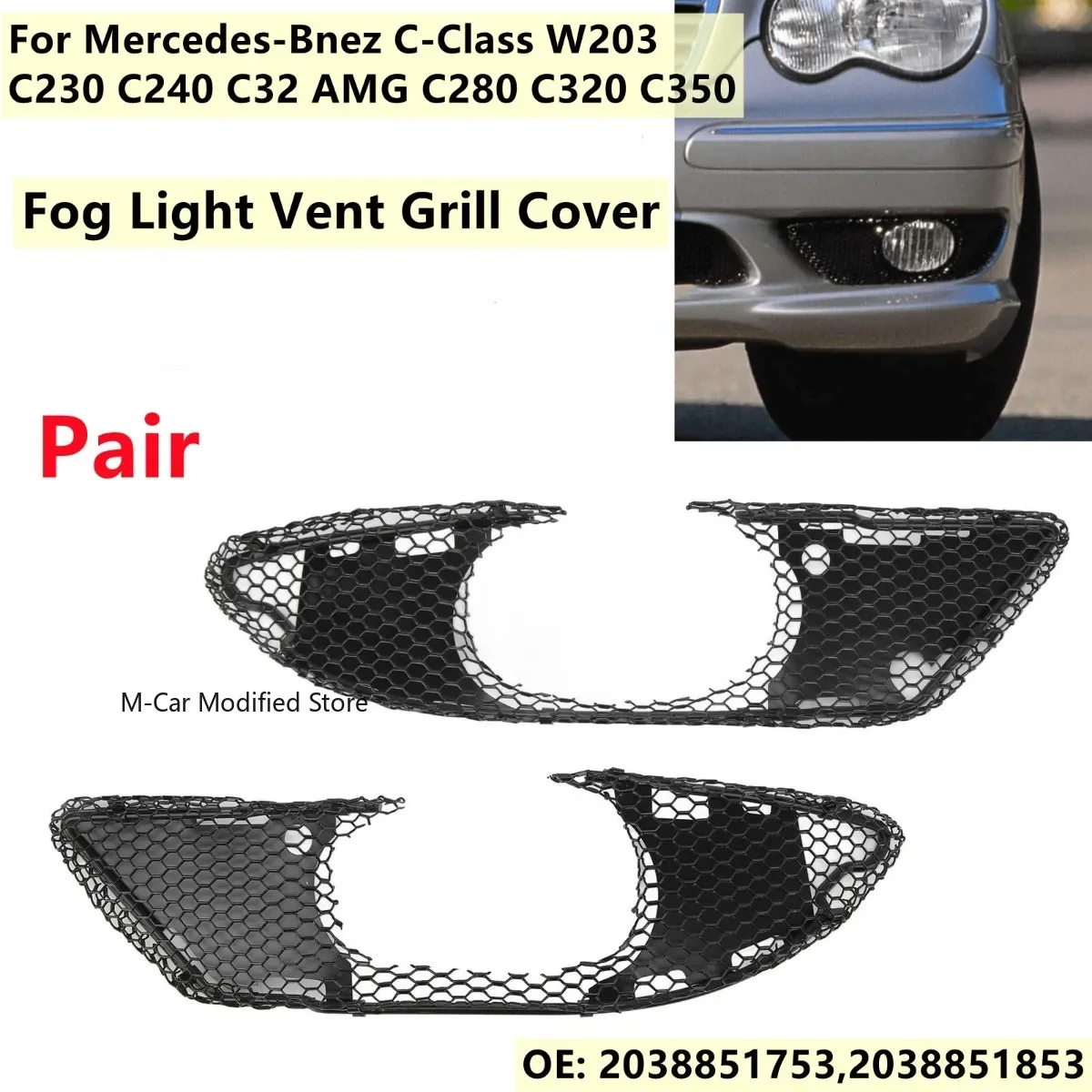 Pair-Front-Bumper-Foglight-Grille-2038851753-2038851853-For-Mercedes ...