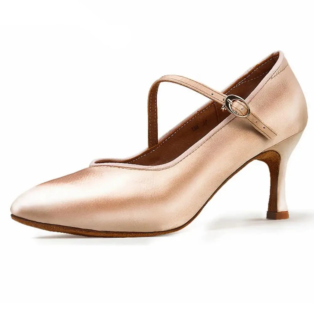 Sapatos-de-dan-a-de-sal-o-padr-o-para-mulheres-cetim-tan-salto-baixo ...