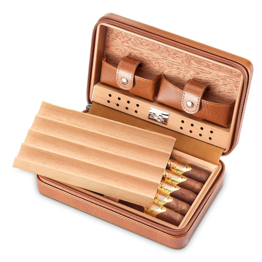 Cedar Wood Humidor Cigar Case Travel 4 Tube Holders Cigar Humidor Box ...