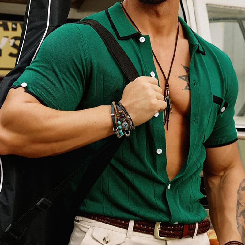 Summer Men Knitted Cardigan Polo Shirts Short Sleeve Patchwork Fashion ...