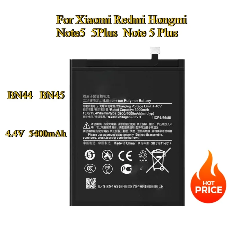 New BN44 BN45 Battery 5400mAh For Xiaomi Redmi Hongmi Note5 5Plus Note ...