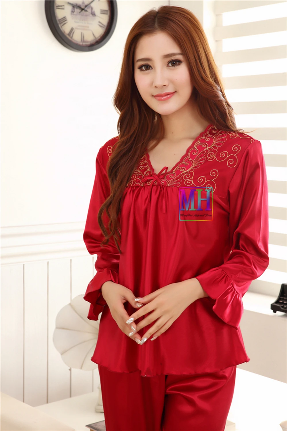 New-Red-Silk-Pajamas-Set-New-Brand-Spring-Fall-Women-Nightgowns-Elegant ...