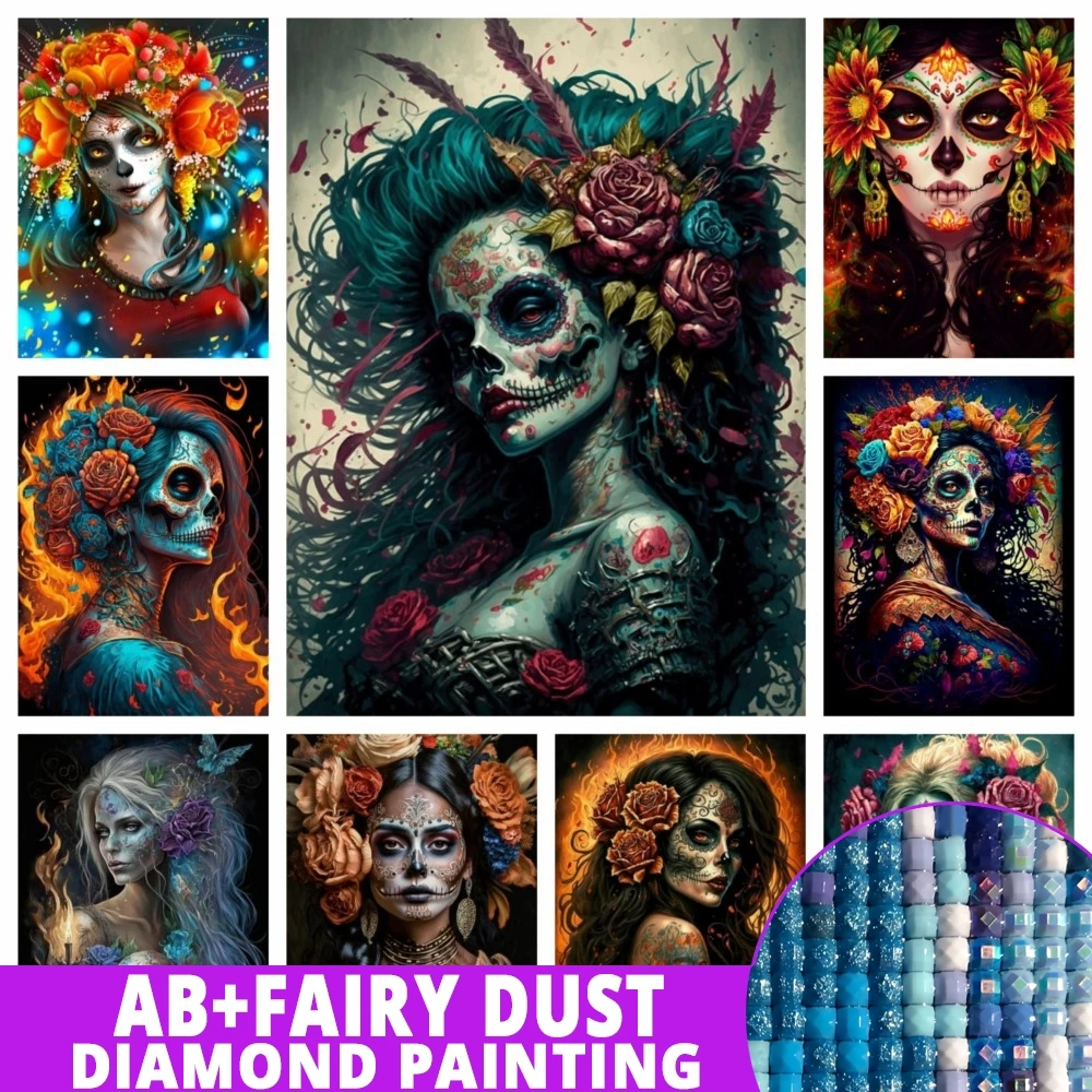 Fairy Dust AB La Calavera Catrina 5D DIY Diamond Painting Flowers Skull ...