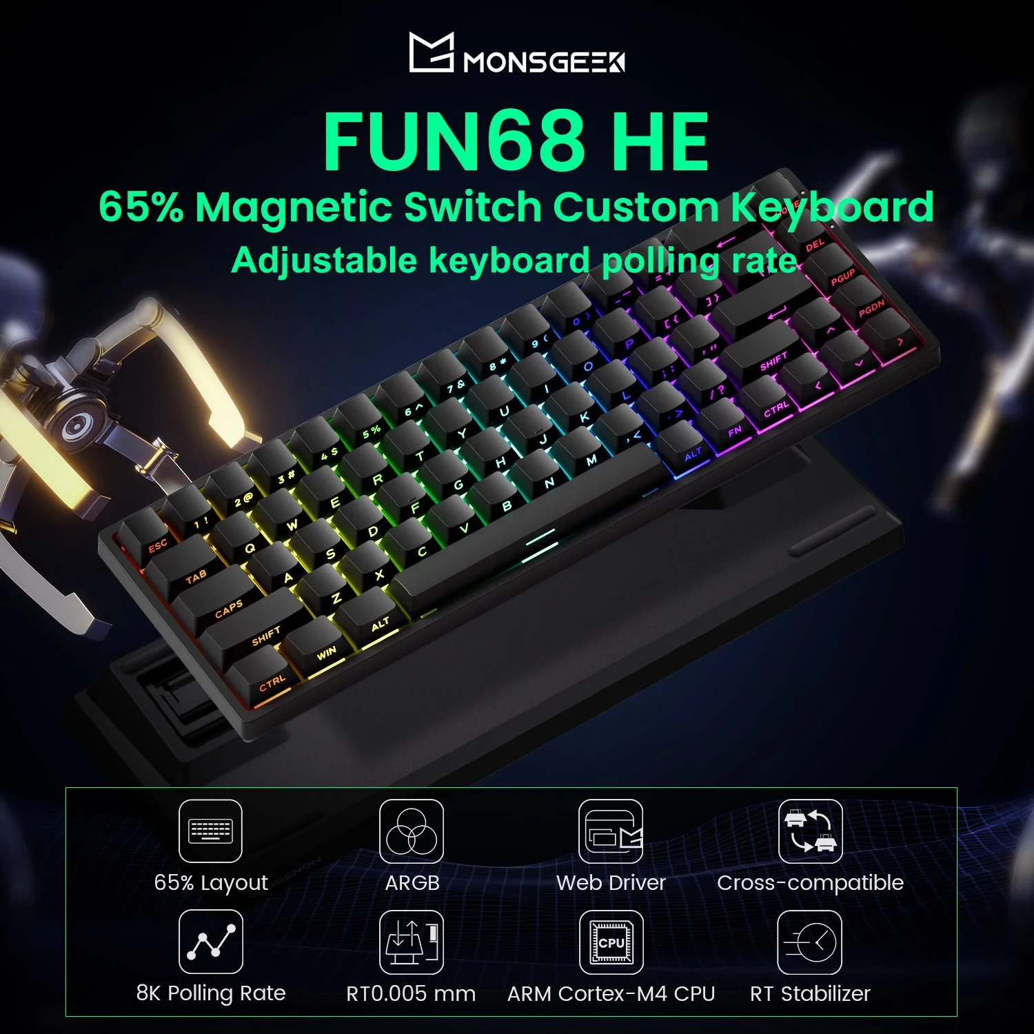 MonsGeek FUN68 HE teclado mecânico 65% ANSI interruptor magnético ...