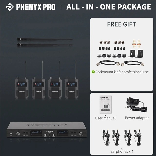 Phenyx Pro UHF Mono Dual Wireless in-Ear Monitor System Metal Wireless IEM System Sturdy ...