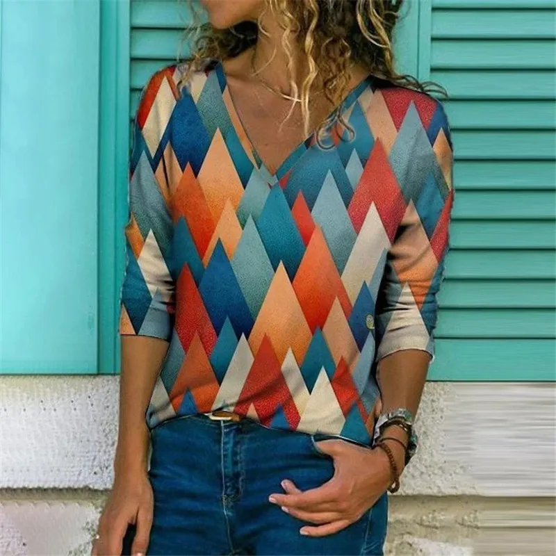 3D-Geometry-Print-T-shirt-Women-2021-V-Neck-Long-Sleeve-Loose-Casual ...