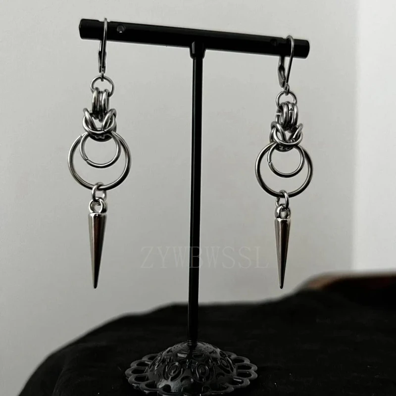 Stainless-Steel-Gothic-Chainmail-Double-O-Ring-Spike-Earrings-Huggie ...