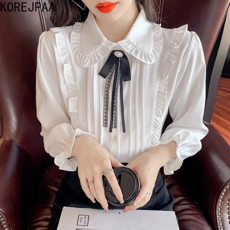 Korejpaa-White-Shirt-Women-2024-Spring-Fungus-Peter-Pan-Collar-Gentle ...