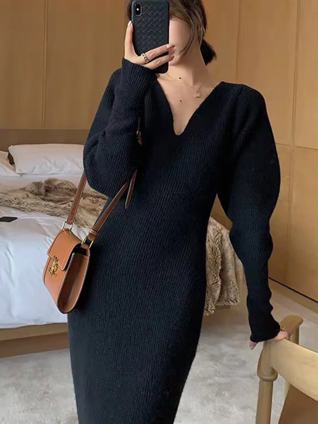 Autumn-Winter-Midi-Knit-Dress-For-Women-Casual-Solid-Color-V-neck ...