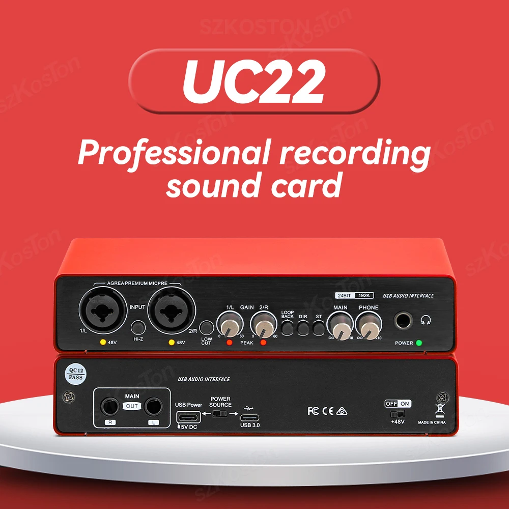 UC22 Audio Interface Recording Sound Card 48V Phantom Power Electric ...