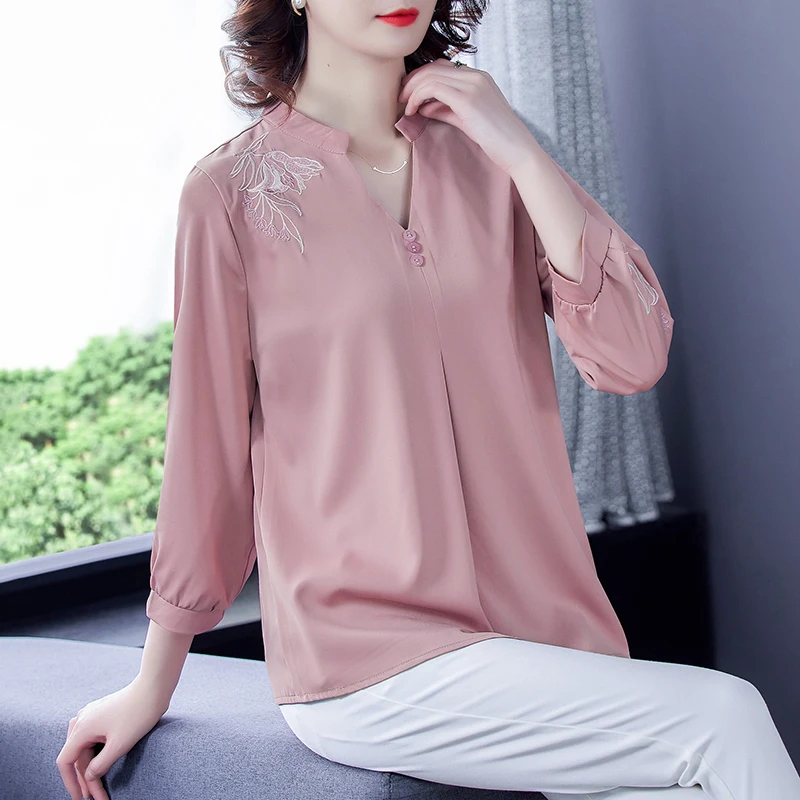 Spring Casual Pink Natural Silk Long Sleeve Shirts Summer Vintage Solid ...