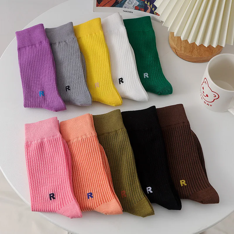 Women-s-Sports-Socks-Fashion-Cotton-Solid-Color-R-Letter-Candy-Socks ...