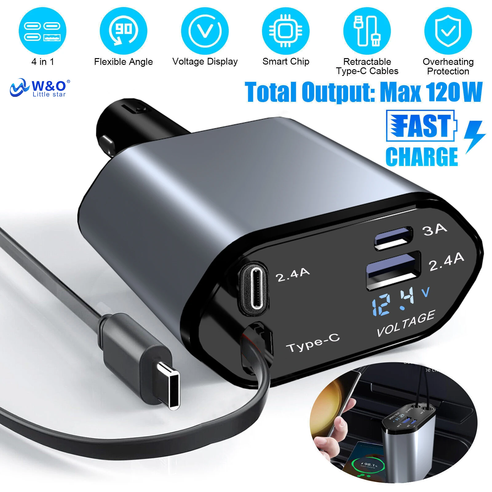 W-O-C1-120W-Fast-Charging-Car-Charger-Retractable-4-In-1-Type-C-Mobile ...