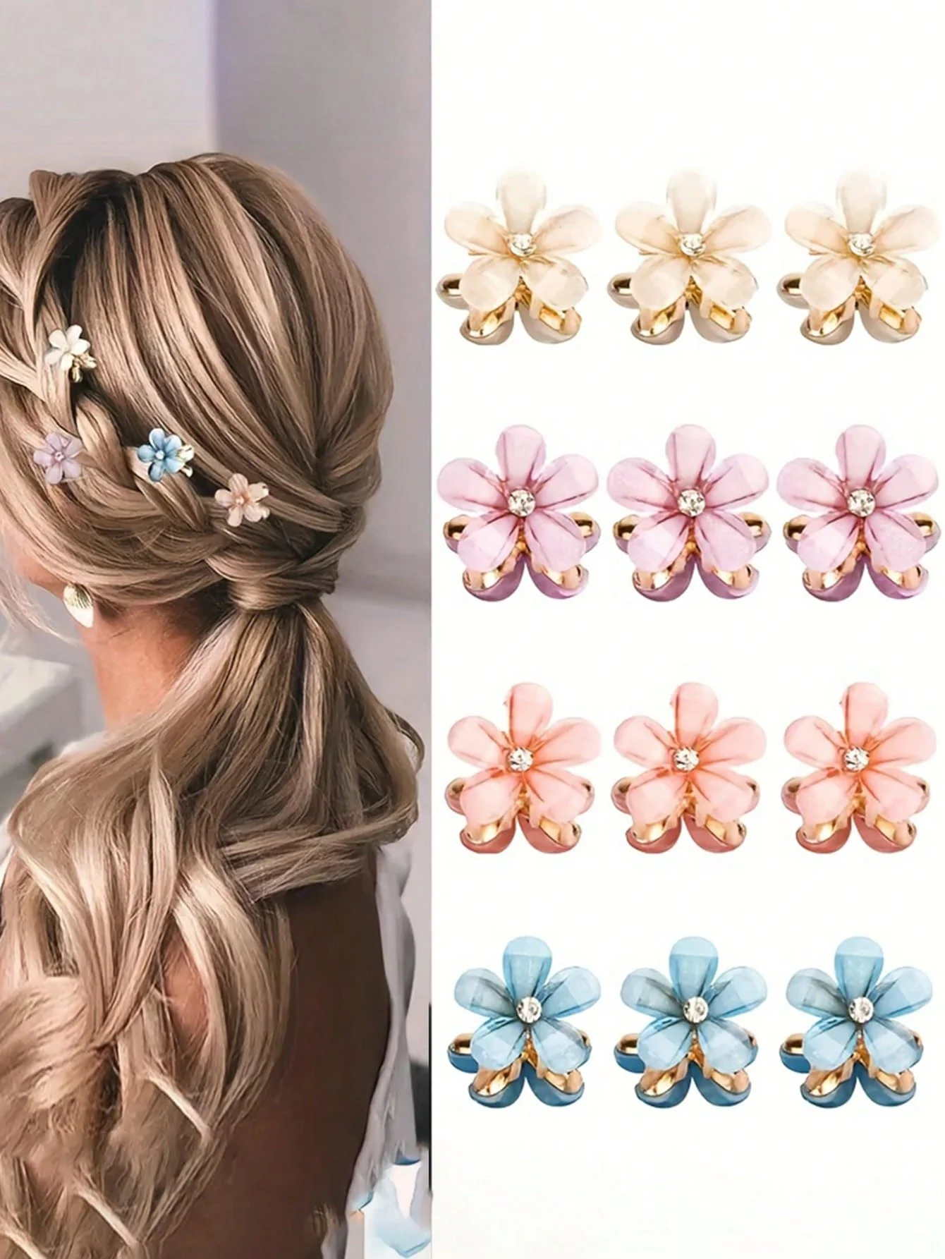12Pcs exquisite flower mini size grab clip sweet hair clip women's side ...