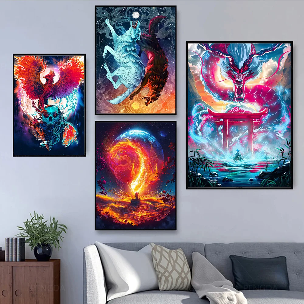 Fantasy-Dragon-Phoenix-Wolf-White-Tiger-Prints-Poster-Canvas-Painting ...