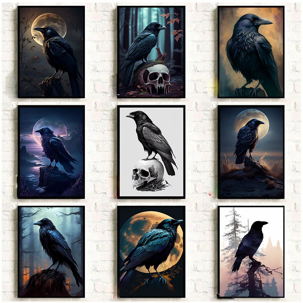 Crows-and-Moon-Dark-Poster-Print-Skull-Wall-Art-Picture-Bird-Animal-Canvas-Painting-Modern ...