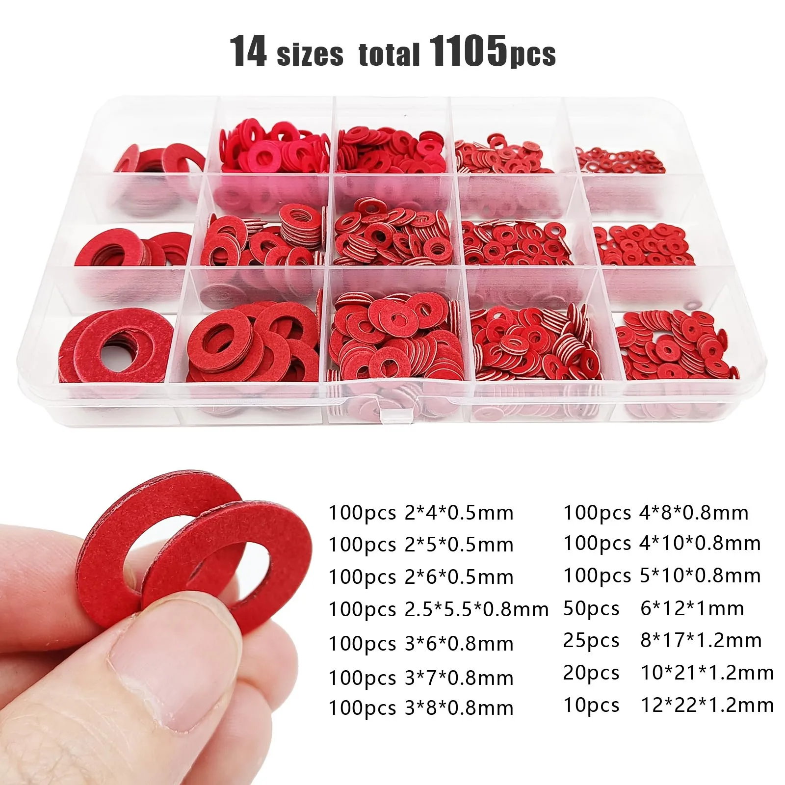 415/1085pcs M2 M2.5 M3 M4 M5 M6 M8 M10 M12 Red Steel Paper Flat Washer ...