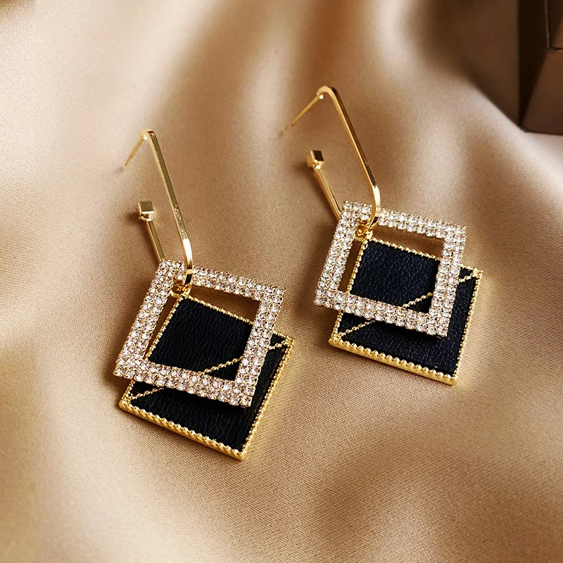 Korean-Fashion-Black-Color-Geometric-Double-Square-Hoop-Earrings-for ...