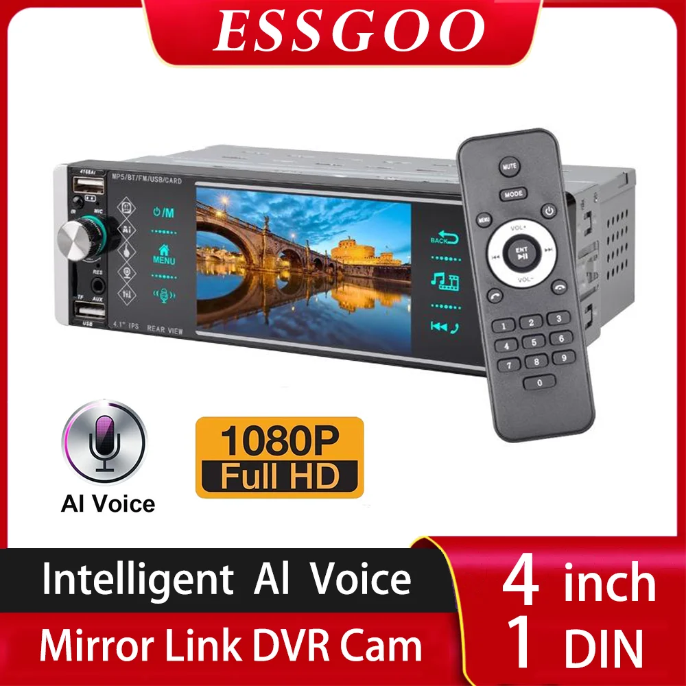 ESSGOO Car Radio 1 Din 4 Inch HD Intelligent AI Voice MP5 Player Hand-free Calling Hi-res Audio ...