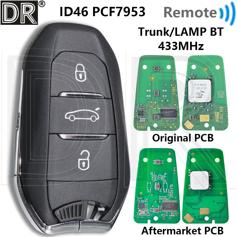 Great ID46 PCF7953 Chip 433MHz Proximity Car Remote Key For Peugeot 308 ...