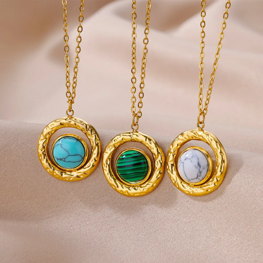 Goth Round Turquoise Pendant Necklace For Women Stainless Steel Gold ...