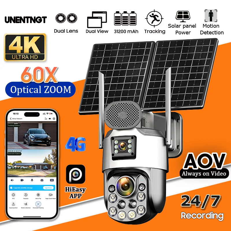 UNENTNGT 4K Dual Lens AOV 60X Optical Zoom Solar Battery PTZ Camera ...