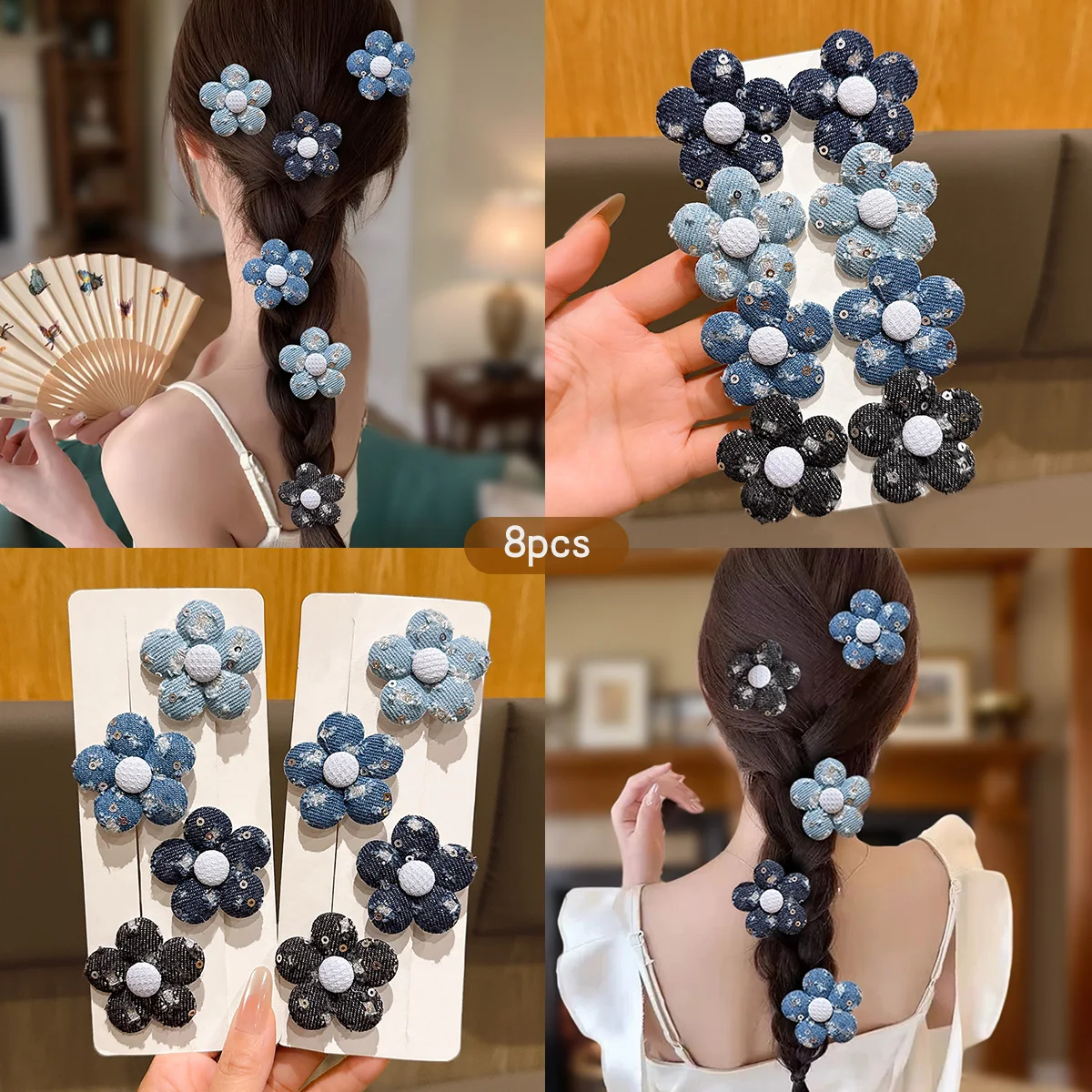 8 pinzas para el cabello de flores azules de mezclilla simples ...