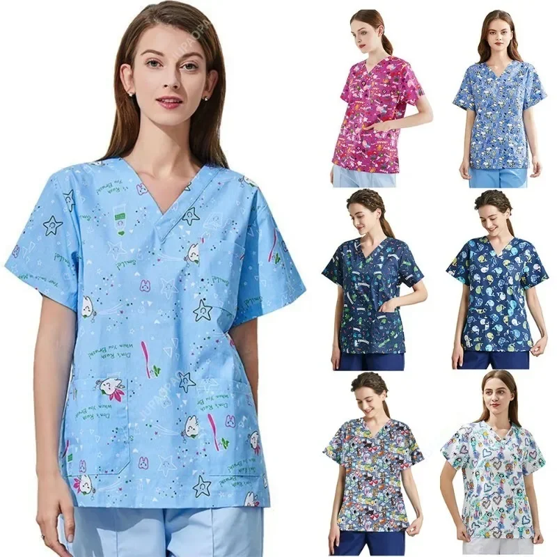 Printed-Nurse-Scrub-Tops-Veterinary-Medical-Scrubs-Uniform-for-Women-Dentisit-V-Neck-EDS-Vet ...