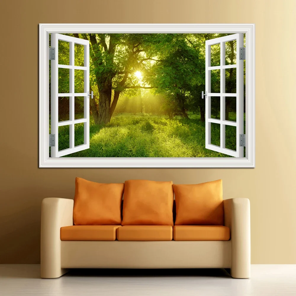 Forest-3D-Window-Landscape-Wall-Sticker-Art-Removable-Green-Golden ...