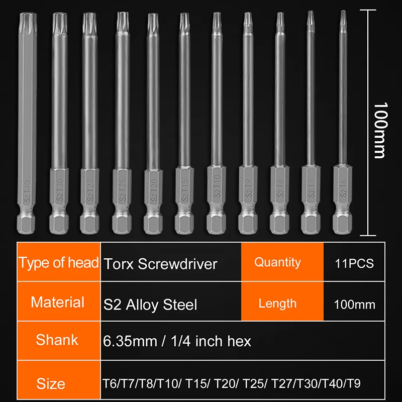 11pcs Torx Screwdriver Bits With Hole 100mm Long Hex Bit Set Security Electric Screwdriver Bit ...