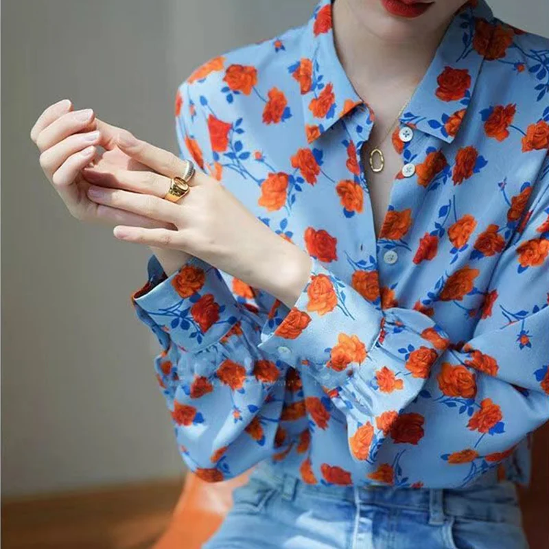 가을 오피스 레이디 프린트 쉬폰 턴 다운 칼라 긴 소매 블라우스 여성 의류 패션 플로랄 루즈 버튼 셔츠 탑스