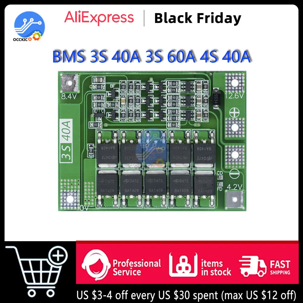 Smart Bms 3s 4s 40a 60a 12v 48v 18650 Li-ion Lithium Battery Charger ...