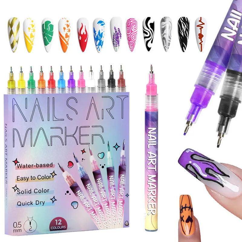 12Pcs/Set Nail Acrylic Graffiti Pen 12 Color Nail Marker Drawing DIY ...