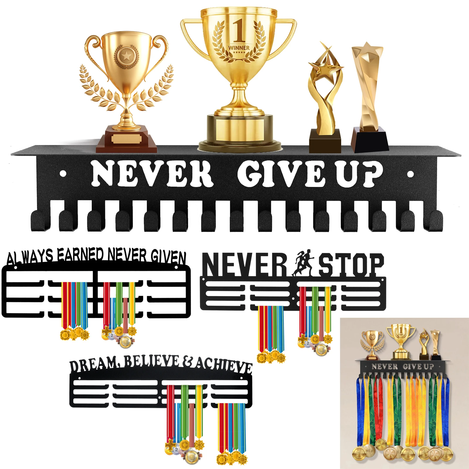 Medal-Hanger-Display-Rack-Wall-Mount-Metal-Trophy-Rack-Ribbons-Medals ...