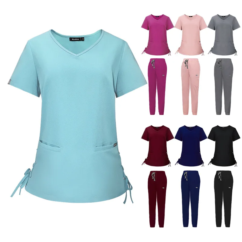 V-neck-Scrubs-Set-Medical-Uniforms-Stretch-Scrub-Tops-With-Pocket-Pants ...