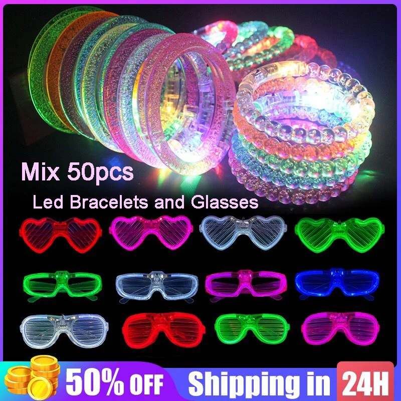 50PCS-Mix-Led-Glasses-Bracelets-LED-Light-Up-Toys-Party-Favors-Glow-in ...