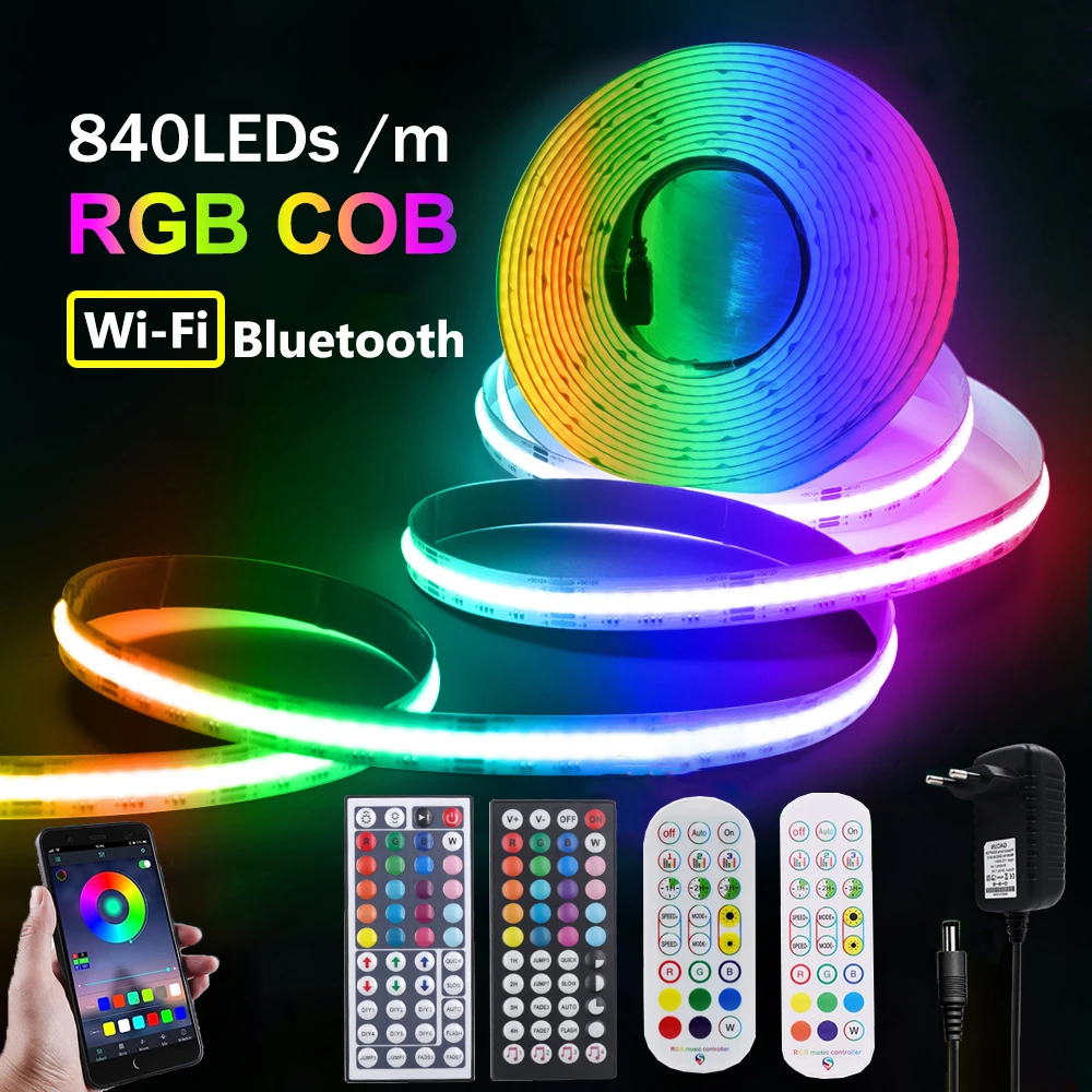 WiFi Bluetooth App IR Control 840LEDs COB RGB Led Strip 12V 24V Tuya FOB LED Tape Light Linear ...