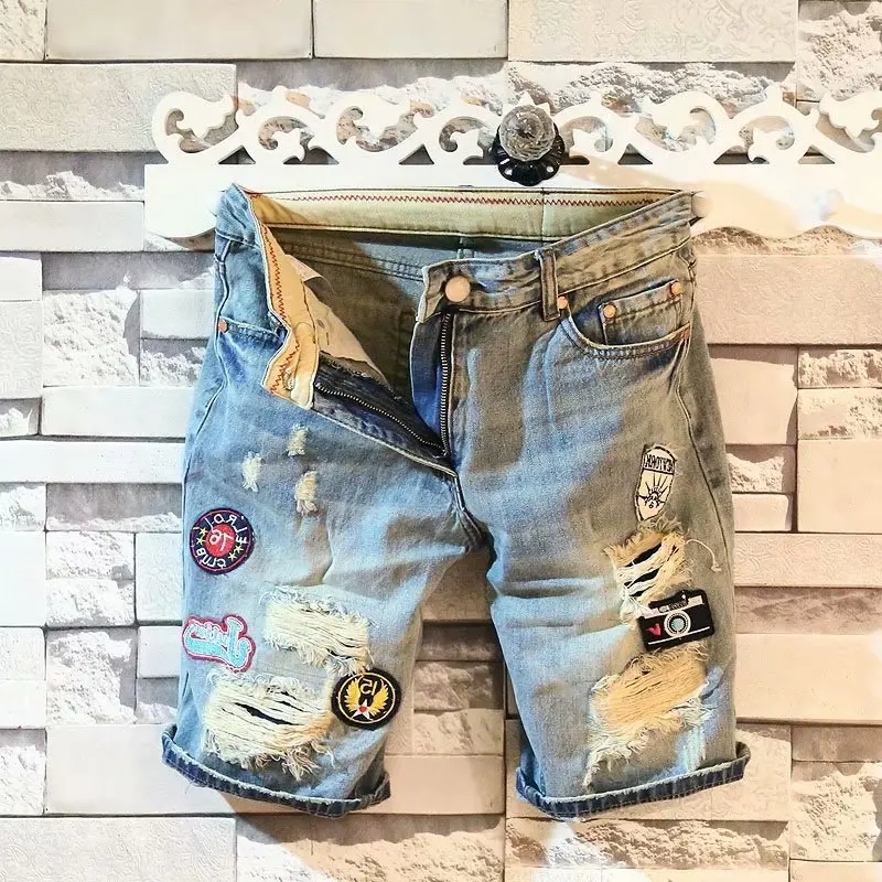 Summer-Men-s-Letter-Printing-Denim-Shorts-Casual-Holes-Embroidery-Label ...