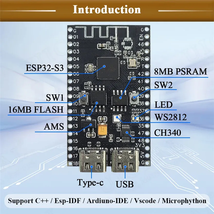Placa De Desenvolvimento Com Wi-fi Module N16r8 Bt 2.4g Esp32-s3 Para ...