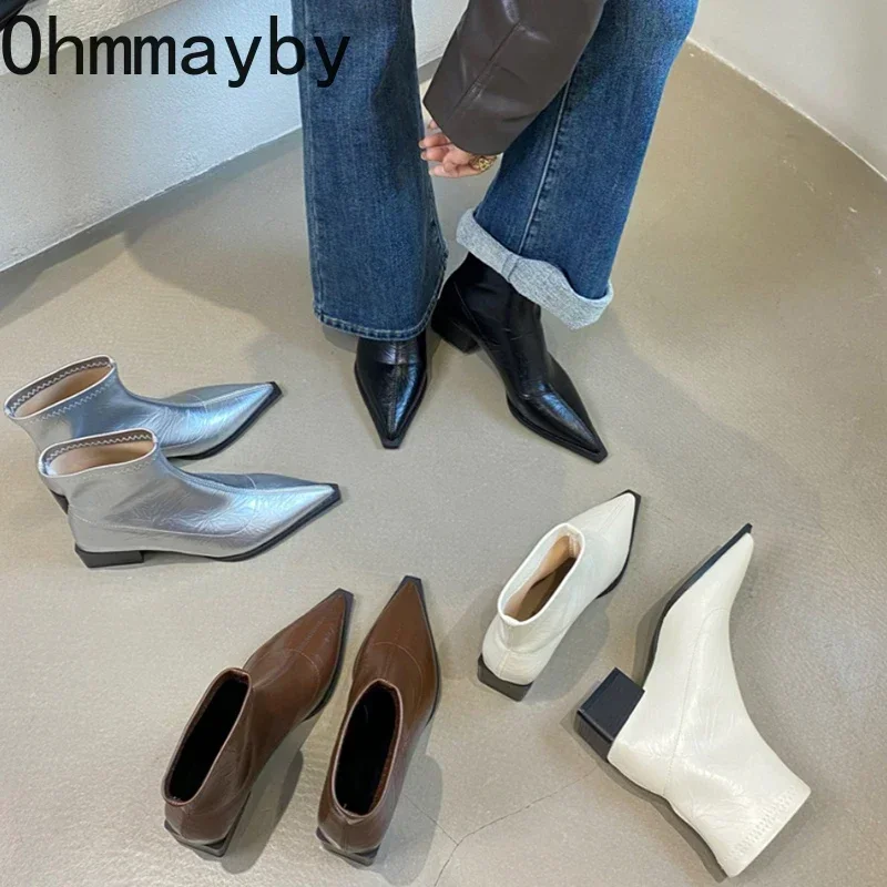 Pointed-Toe-Women-Ankle-Boots-Fashion-Thick-Heel-Slimming-Short-Booties ...