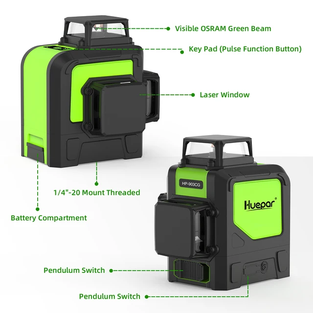 Huepar 12 Lines 3D Cross Line Laser Level Kit Osram Green Laser Beam ...