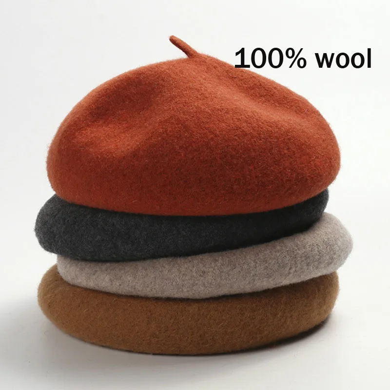 100% Wool Beret Hat Women Solid Flat Berets Autum Winter Warm French ...