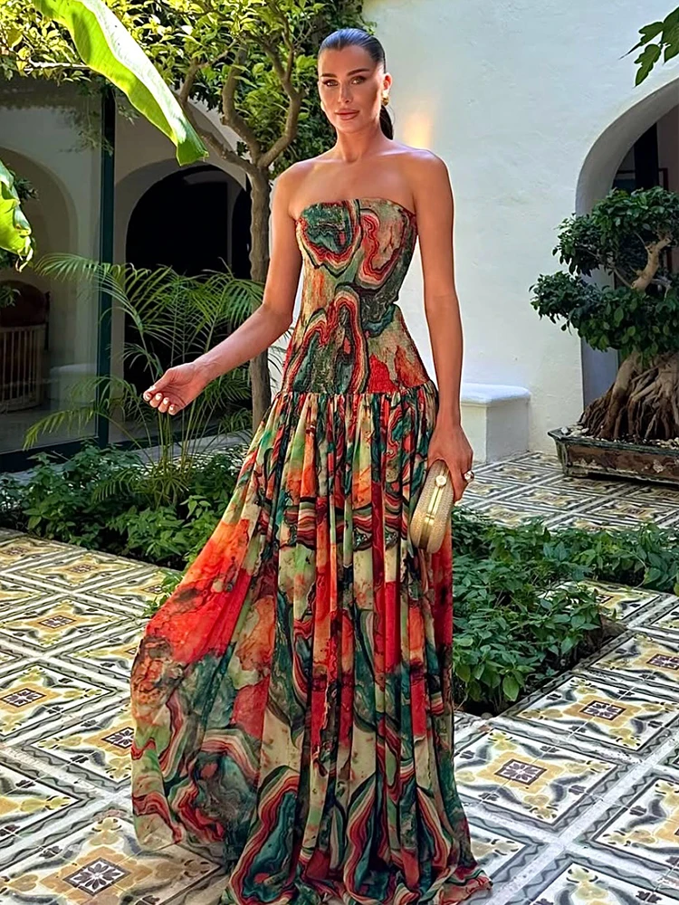 Lady Printed Strapless Dress Elegant Fashionable Colorful Waist Pleated ...