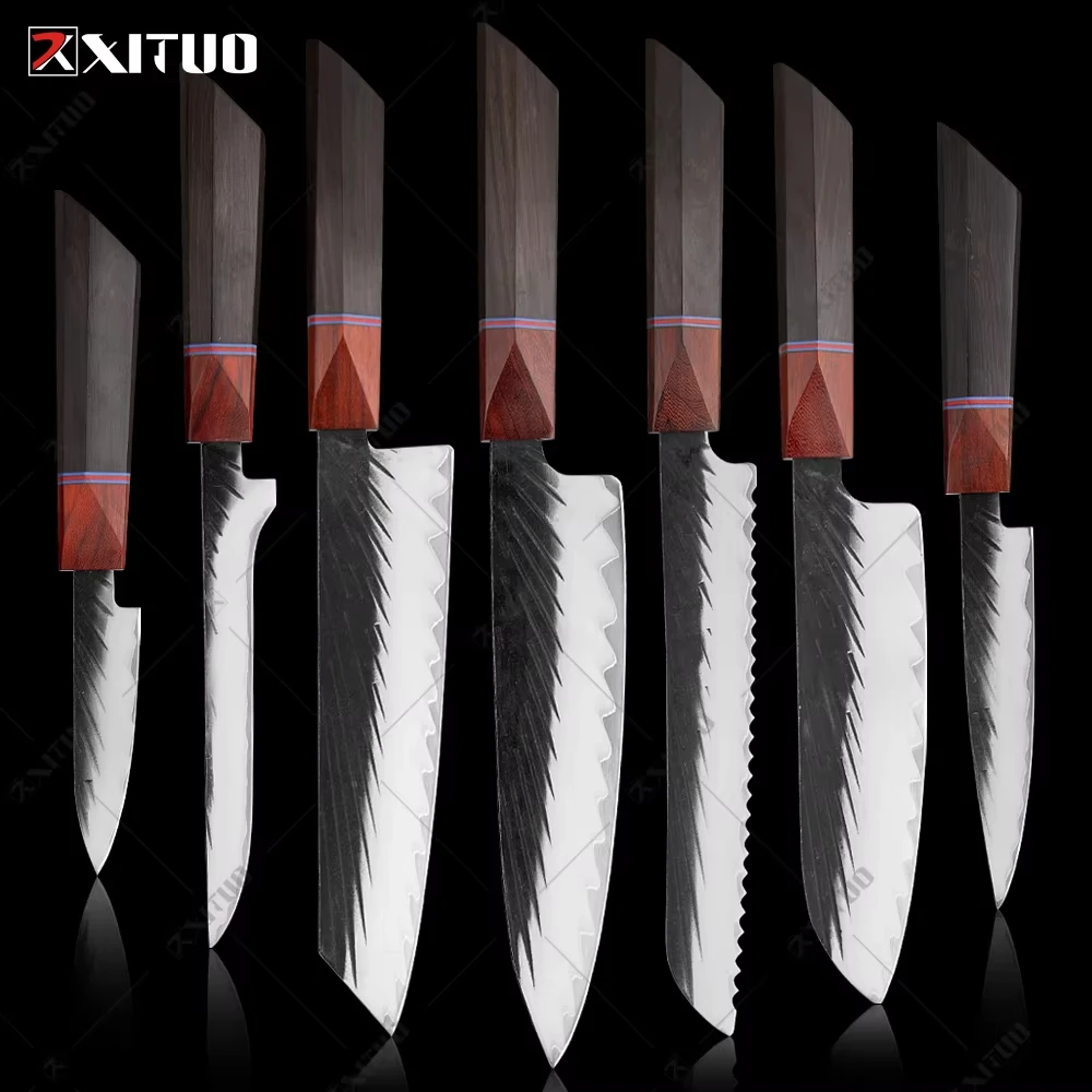 XITUO Handmade Knife Set 1-7PCS Japanese Three-layer clad steel Black ...