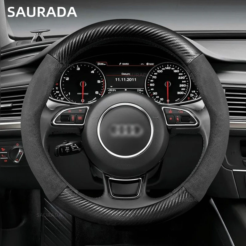 For-Audi-Car-Steering-Wheel-Cover-38cm-Genuine-Leather-Carbon-Fiber-Fit ...
