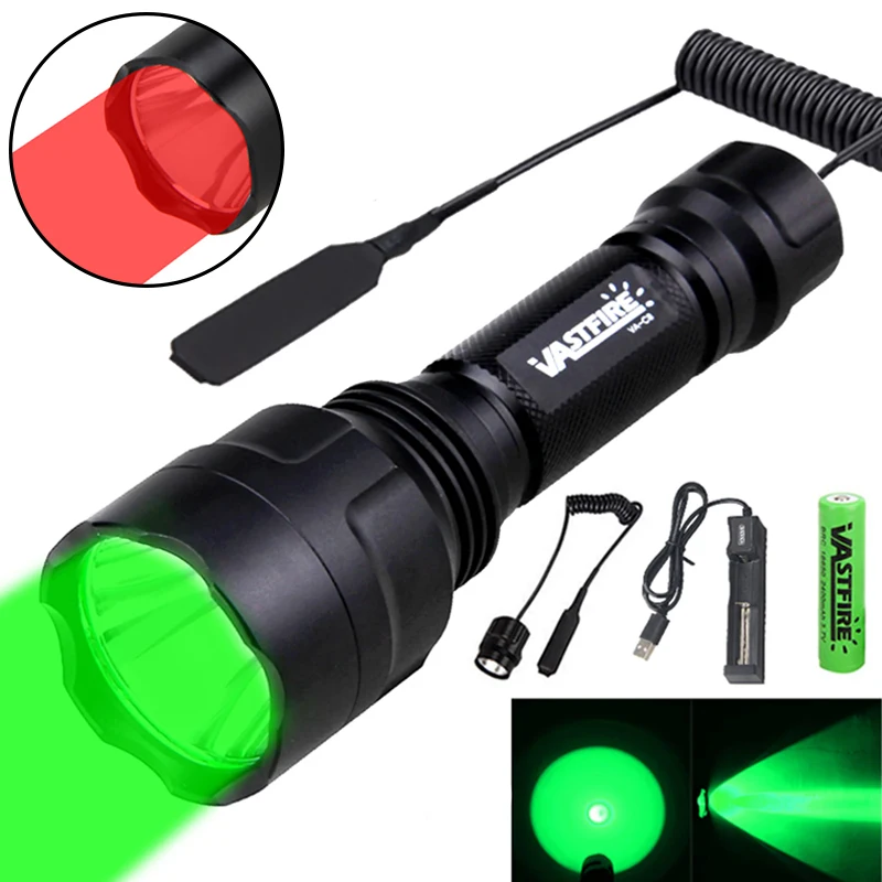 LED Tactical Hunting Flashlight Green/Red/White Torch USB Rechargeable ...