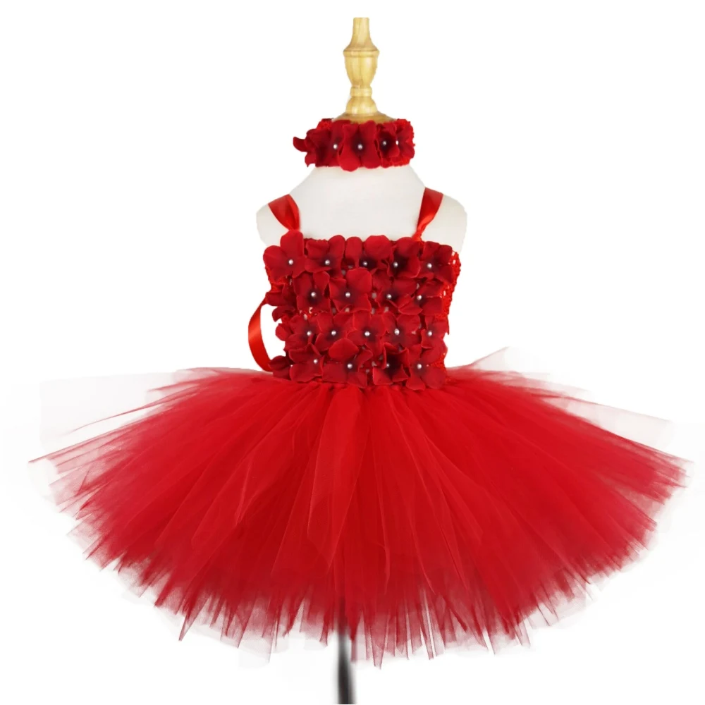 Girls Red Flower Fairy Dress Kids Tulle Tutu Dress with Headband ...