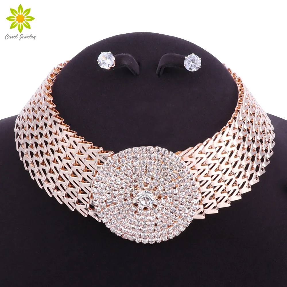 Crystal Bridal Jewelry Sets Gold Color Rhinestone Necklace Wedding ...