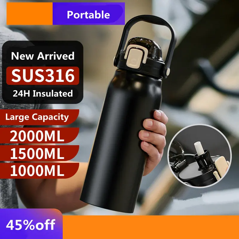 1000/1500/2000ml Large Capacity Tumbler 316 Stainless Steel Thermal Water Bottle Insulated ...