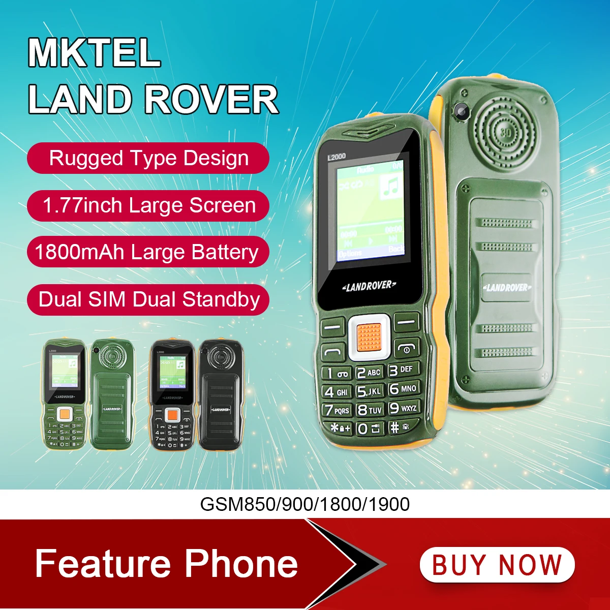 MKTEL Land Rover Feature Phone 1.77inch Display 1800mAh Battery Dual SIM FM Radio MP3 MP4 Loud ...